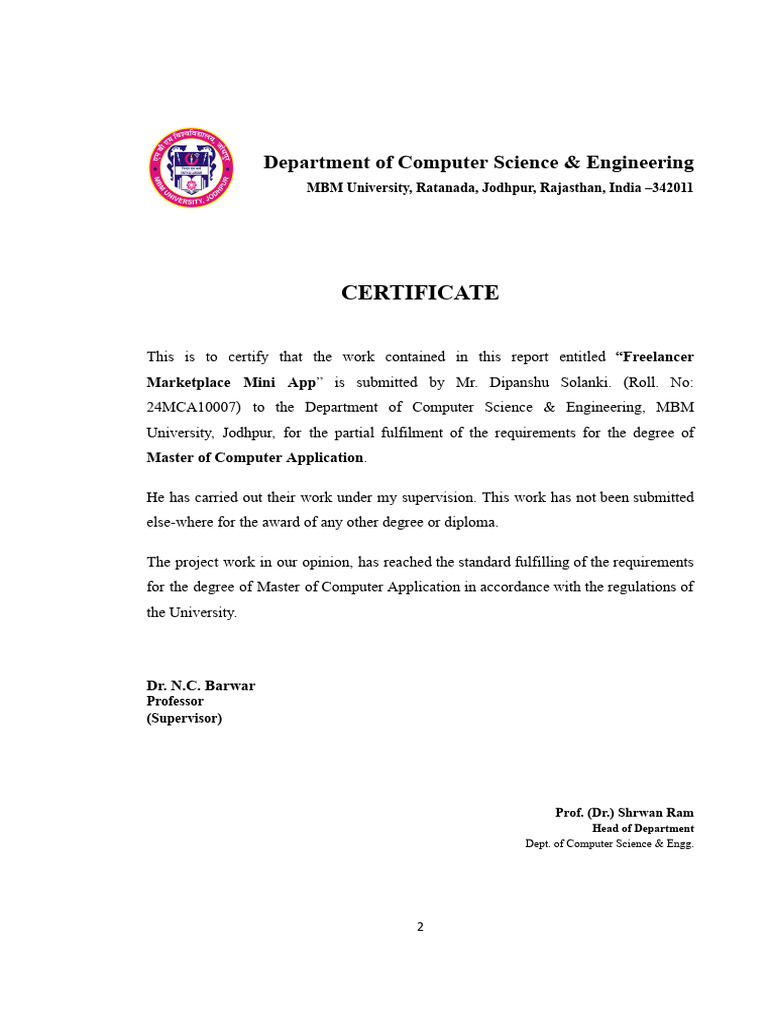Certificate: Department of Computer Science & Engineering | PDF