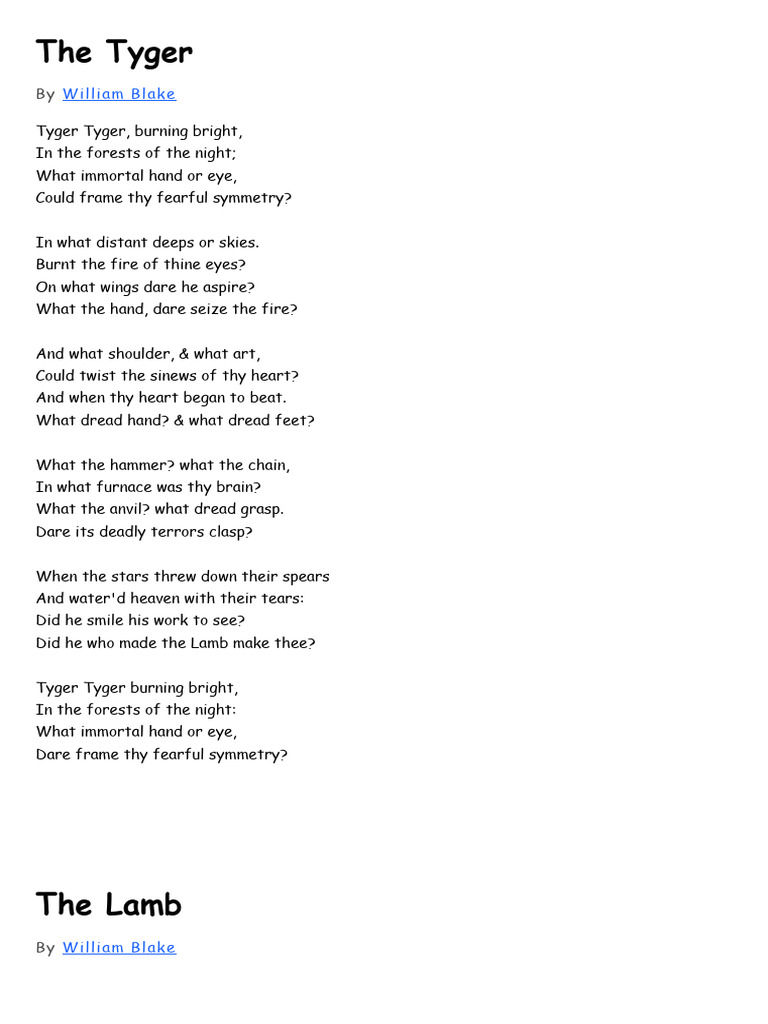 William Blake's "The Tyger" and "The Lamb" | PDF