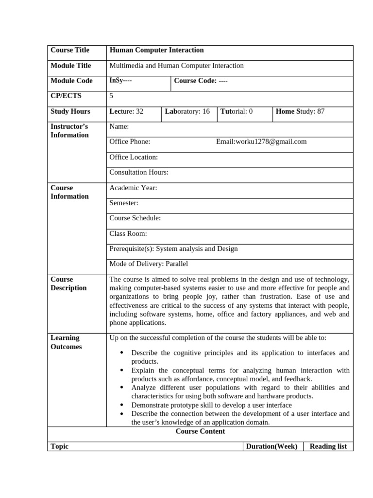 HCI Course Outline | PDF | Human–Computer Interaction | Usability