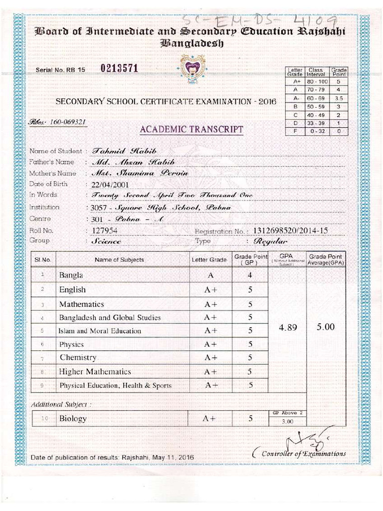 Tahmid Habib SSC Marksheet | PDF