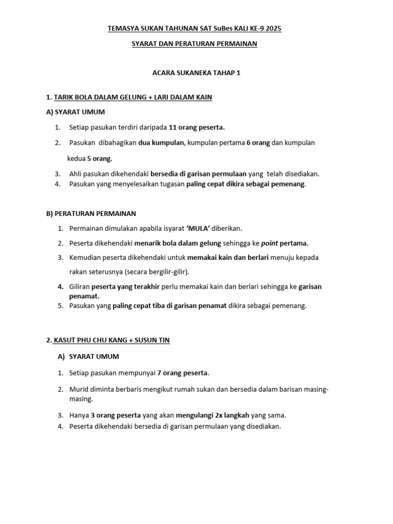 Syarat & Peraturan Permainan Sukaneka Tahap 1 2025 | PDF