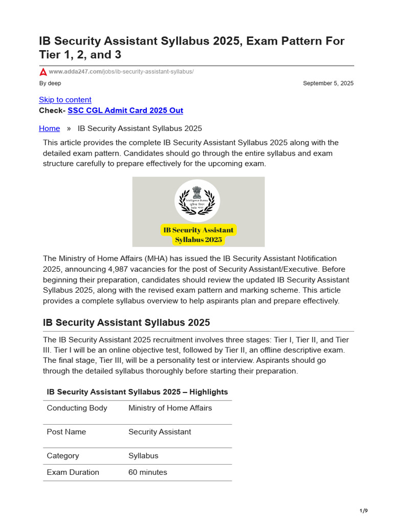 IB Security Assistant Exam Pattern 2025 | PDF | Reason | English Language