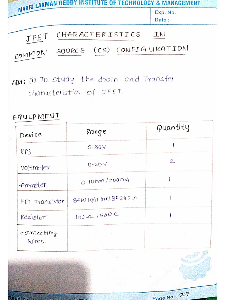 EDC Lab - Exp 10 - Input and Output Characteristics of FET in CS Configuration | PDF