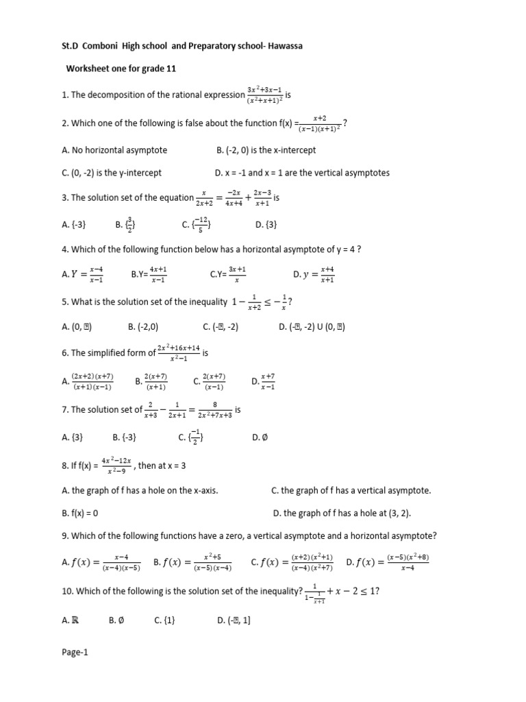 G11 Worksheet One | PDF | Asymptote | Inequality (Mathematics)