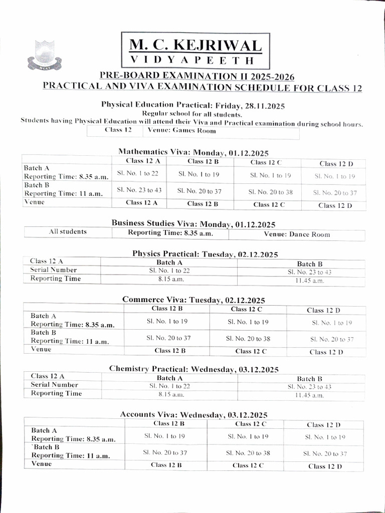 Viva and Practical Exam Schedule for Pre-Board Examination II | PDF
