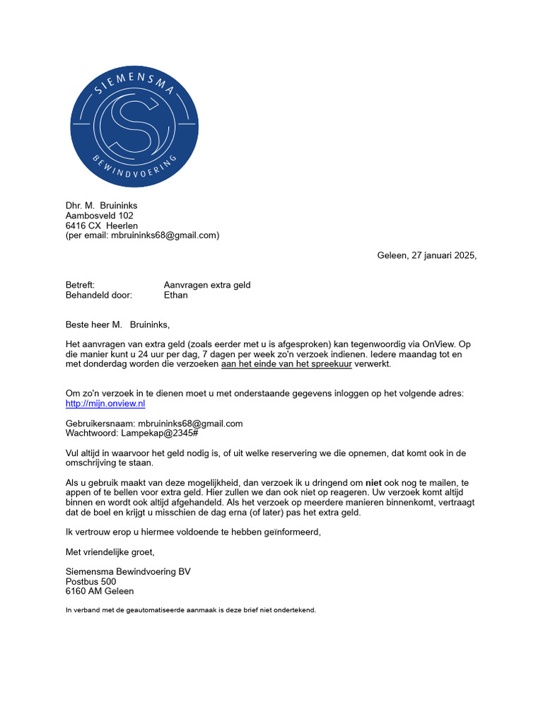 Mail Geld-Aanvraag via OnView | PDF