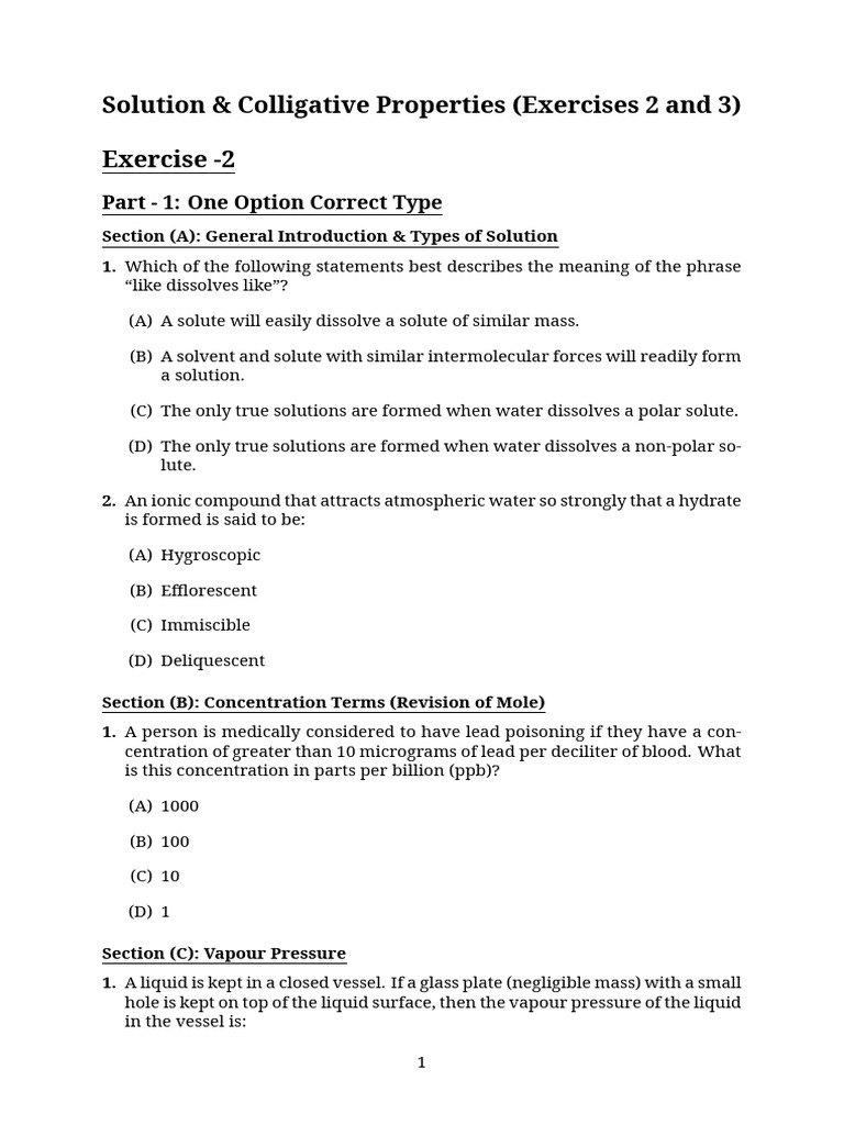 Solutions and Colligative Properties Exercises | PDF | Gases | Pressure