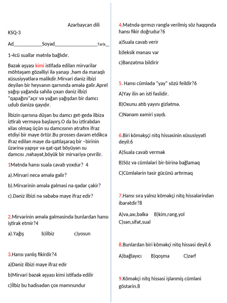 Azərbaycan Dili 4-Cü Sinif KSQ 3 | PDF