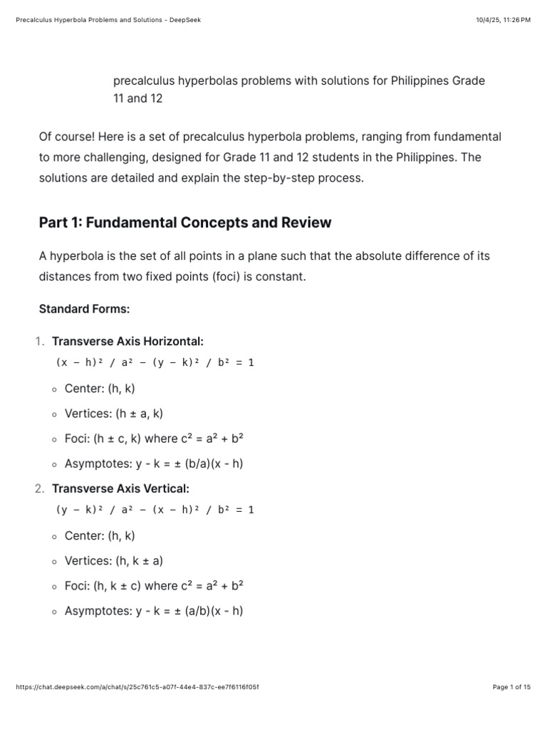 Precalculus Hyperbola Problems Guide | PDF | Asymptote | Cartesian ...