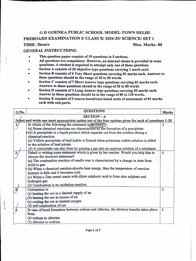 10S G.D Goenka, MT, Pre Board-1, Set-1, 09-12-2024 | PDF | Acid | Chemical Reactions