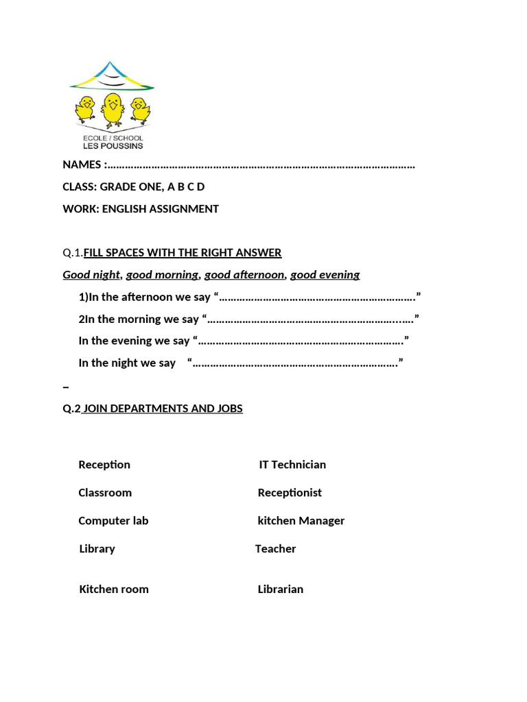 Grade One English Assignment Worksheet | PDF