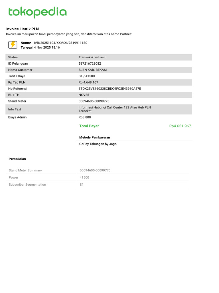 Invoice Listrik PLN Nov 2025 S1 41500 | PDF
