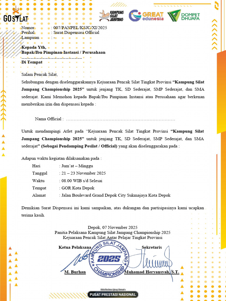 Surat Dispensasi Official Kejuaraan Pencak Silat 2025 | PDF