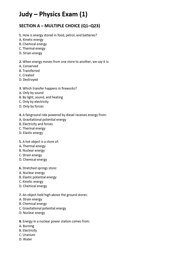 Physics Exam: Energy Concepts and Transfers | PDF | Fuels | Power Station