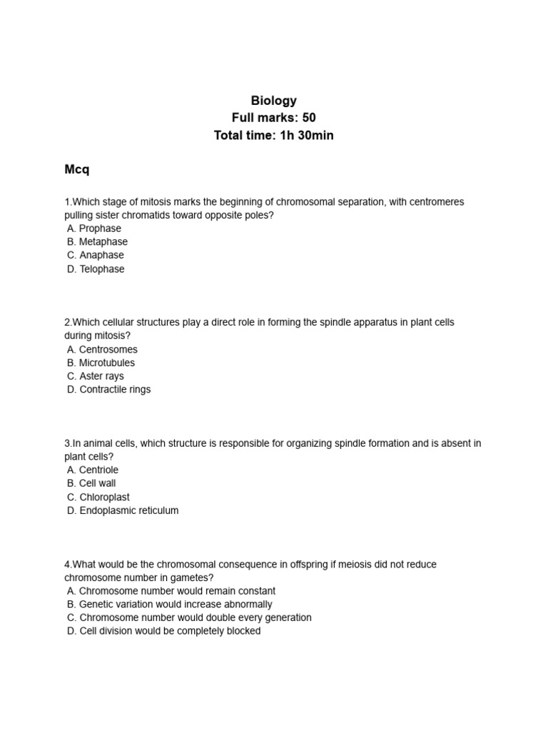 Biology Prep Test 01 | PDF | Mitosis | Meiosis