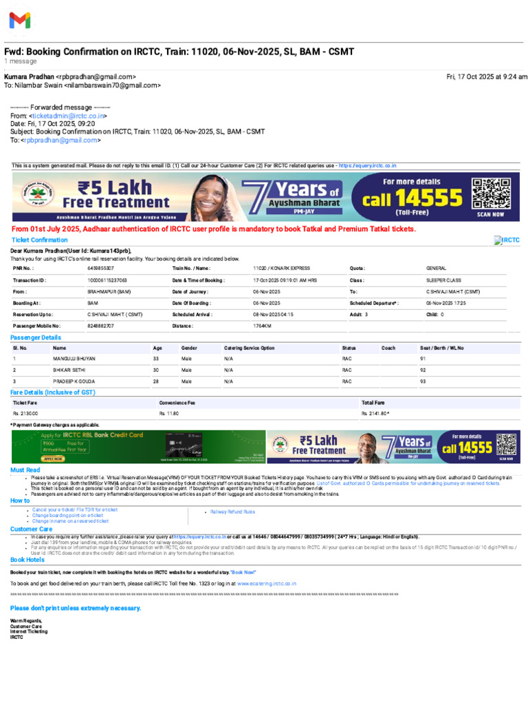Gmail - FWD - Booking Confirmation On IRCTC, Train - 11020, 06-Nov-2025 ...