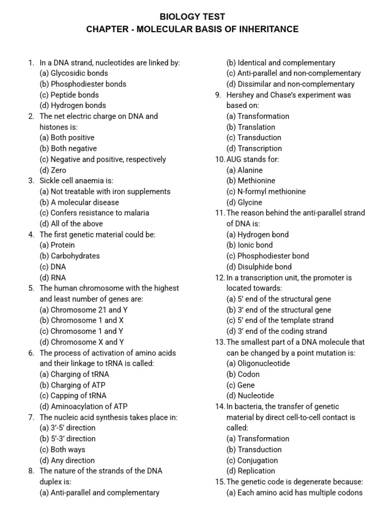 Molecular Basis of Inheritance Quiz | PDF | Rna | Dna
