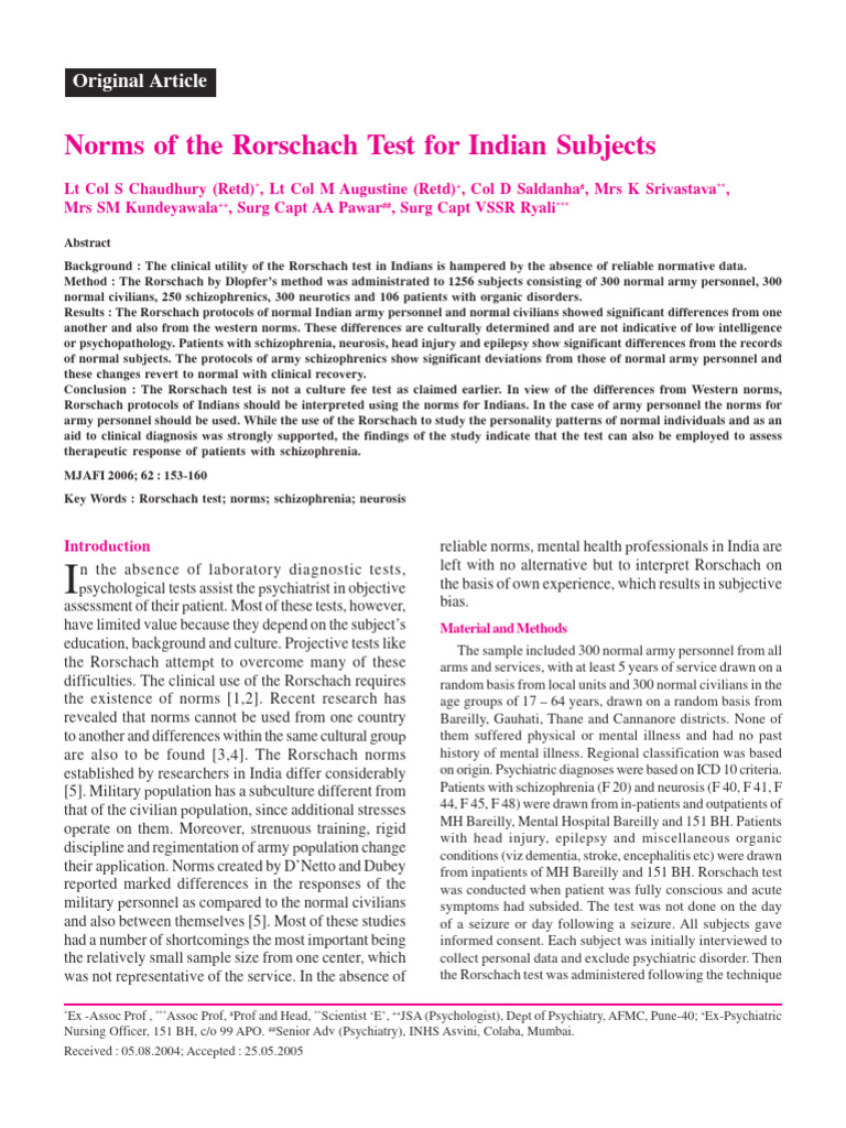 Norms of RIBT On Indian Subjects - 2006 | PDF | Psychiatry | Mental ...