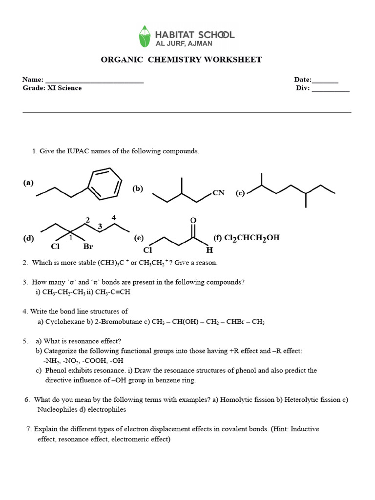 Organic Chemistry Worksheet for XI Science | PDF | Ether | Isomer