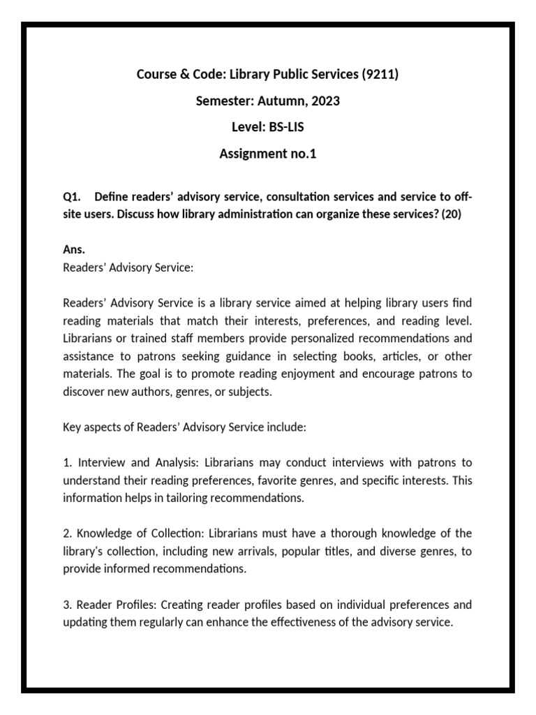 Course & Code: Library Public Services (9211) Semester: Autumn, 2023 ...