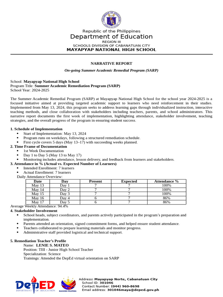 MNHS-SARP Narrative Report | PDF | Learning | Teachers