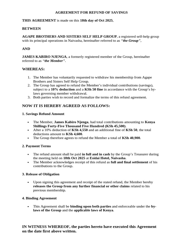 Agreement For Refund of Savings | PDF