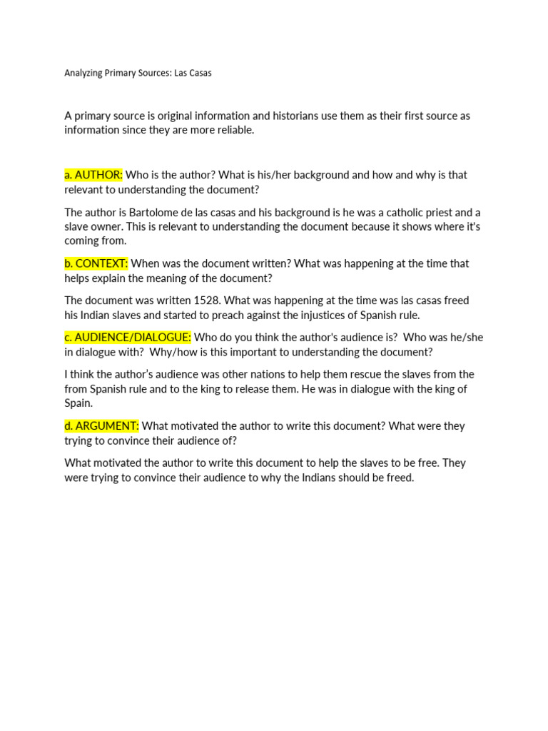 Analyzing Primary Sources Las Casas | PDF