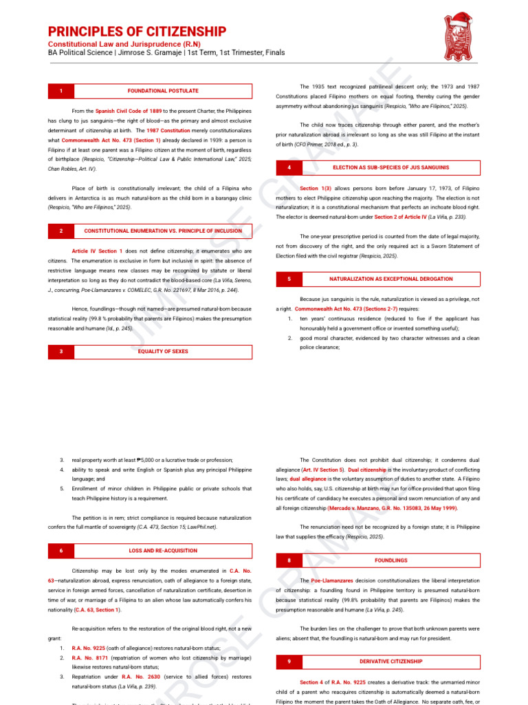 Principles of Philippine Citizenship | PDF | Naturalization | Citizenship