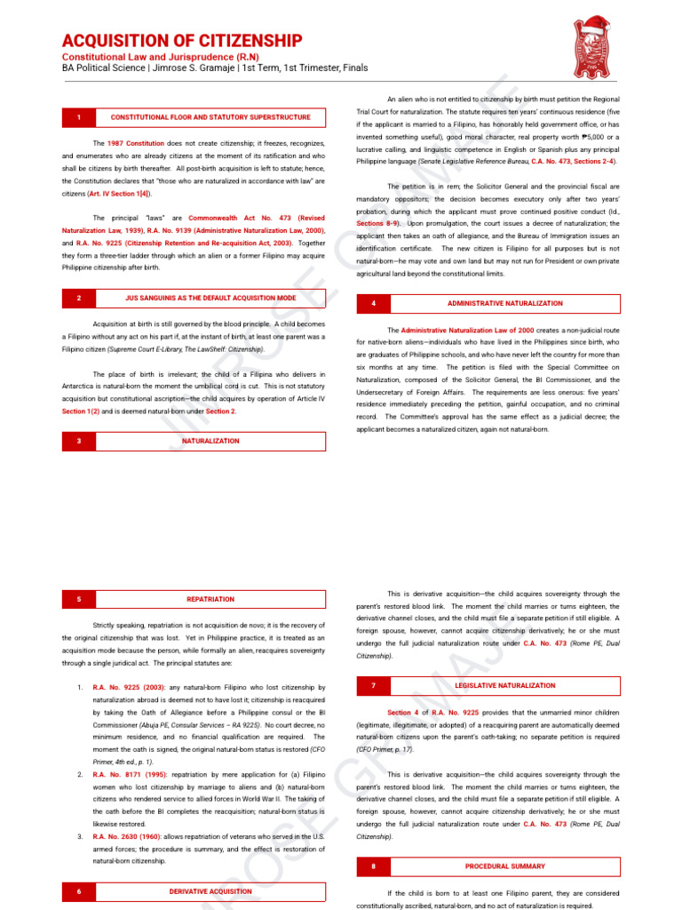 Acquisition of Citizenship (Constitutional Law) | PDF | Naturalization ...