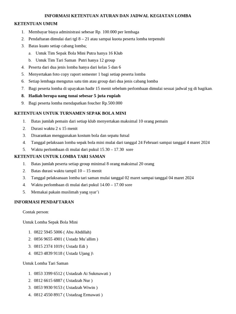 Informasi Ketentuan Aturan Dan Jadwal Kegiatan Lomba | PDF