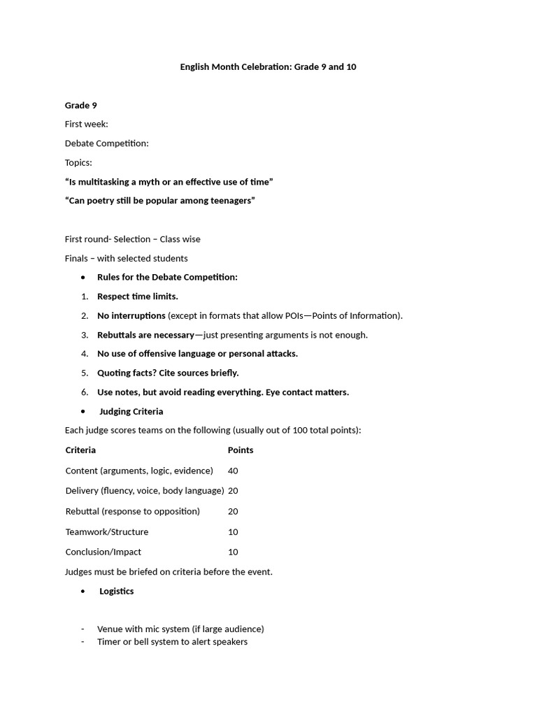 Grade 9-10 English Month Activities | PDF