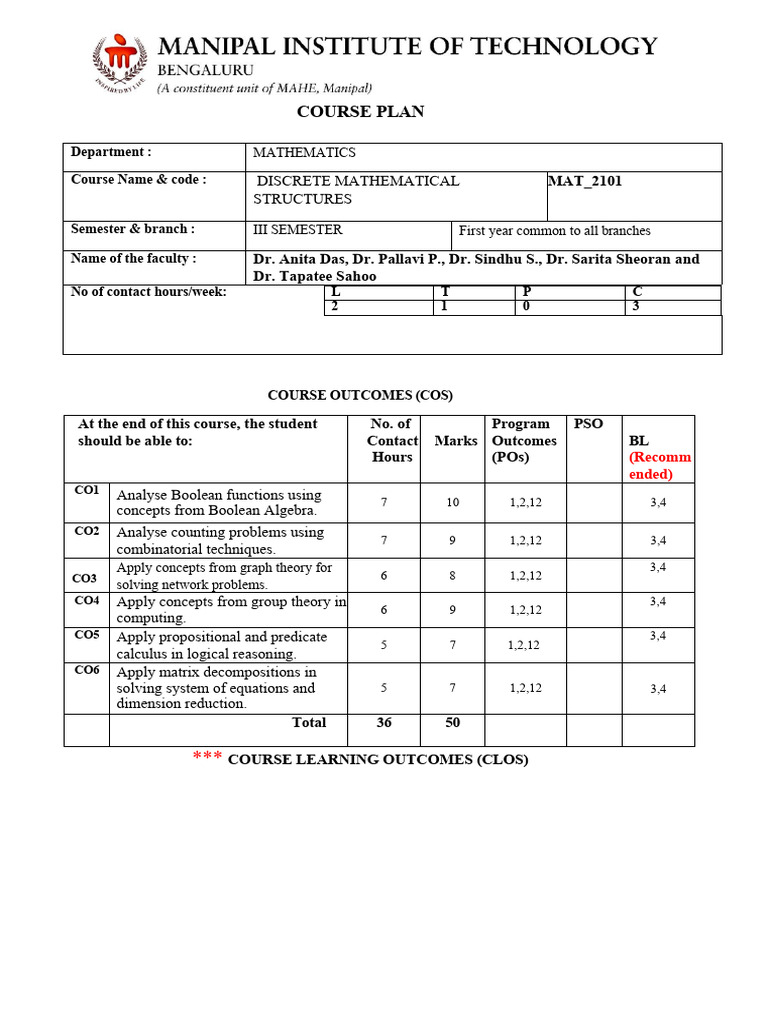 Discrete Mathematical Structures Course Plan | PDF | Boolean Algebra ...