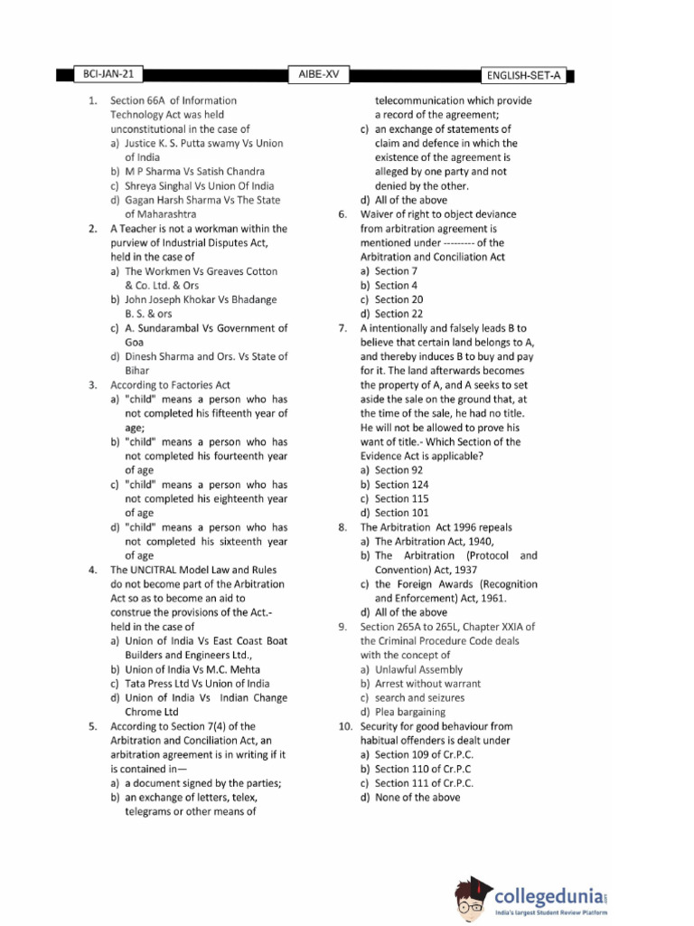 AIBE 15 Question Paper Set a Ccf6cdfff11031aaf05e50195717f1cd (1) | PDF