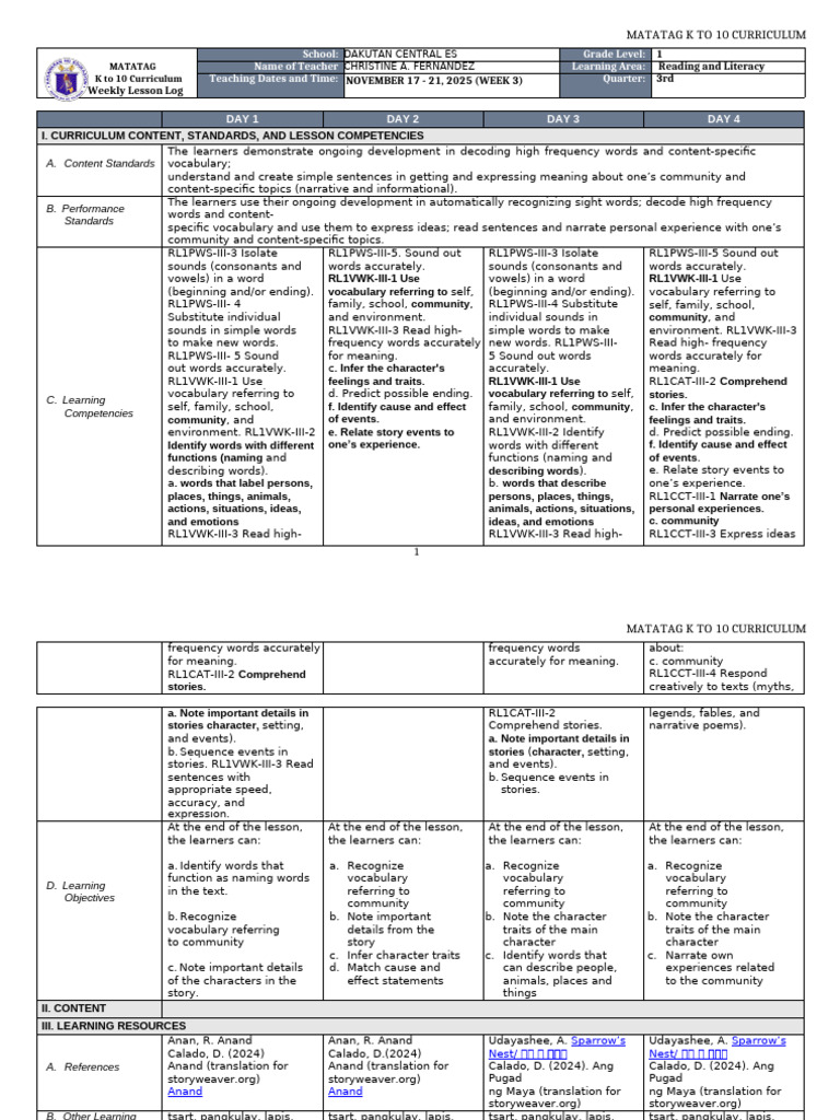DLL Matatag - Reading & Literacy 1 q3 - w3 | PDF | Vocabulary | Word