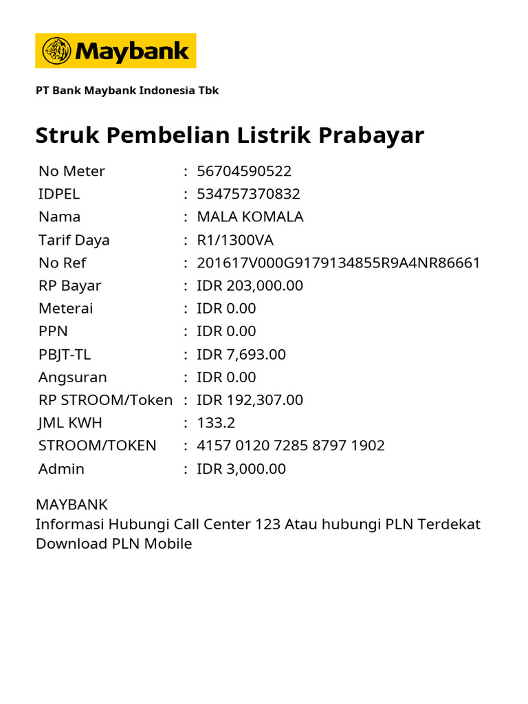 Struk Pembelian Listrik Prabayar | PDF