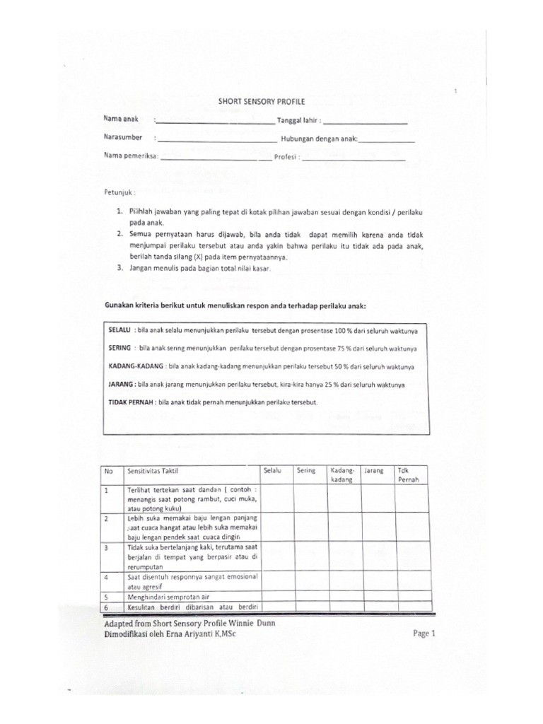 Short Sensory Profile | PDF