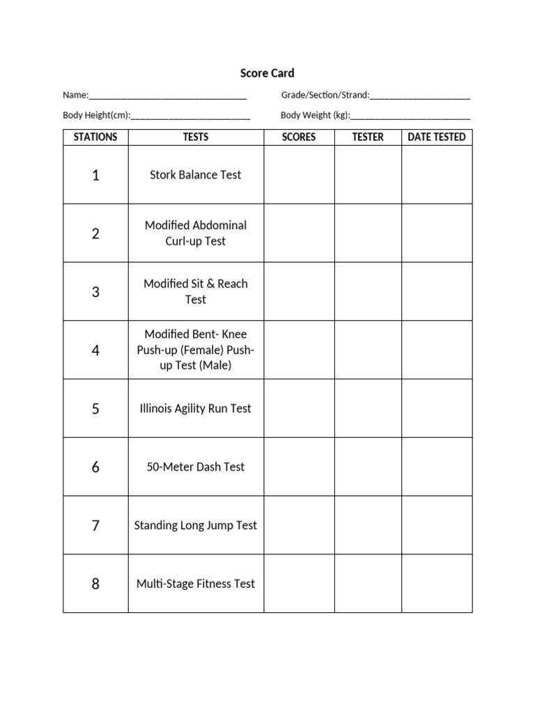 Physical Fitness Assessment Score Card | PDF