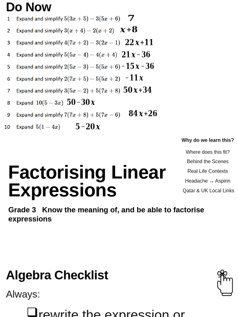 Factorising Linear Expressions Guide | PDF | Algebra | Factorization