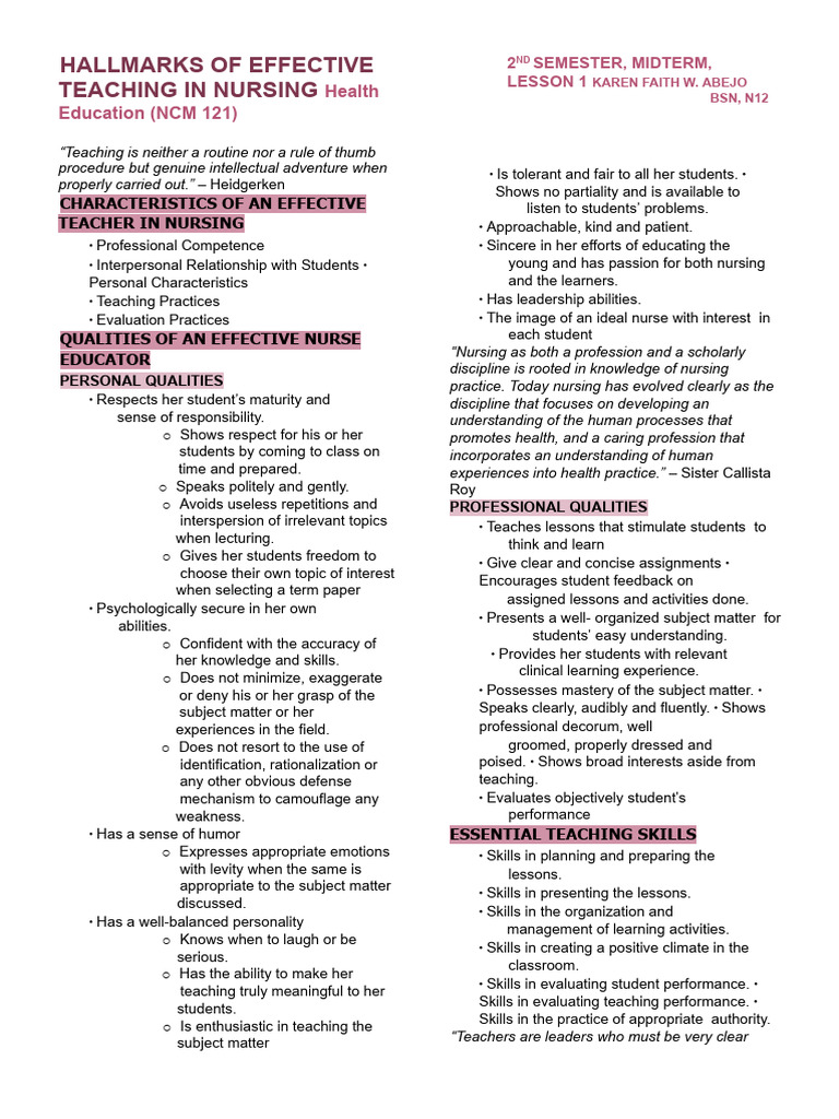 NCM121 L1-2 Midterm (ABEJO) | PDF | Learning | Teachers