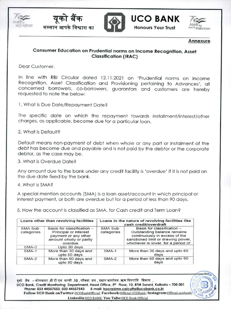 Uco Bank Annexure-IRAC of RBI | PDF | Debt | Loans
