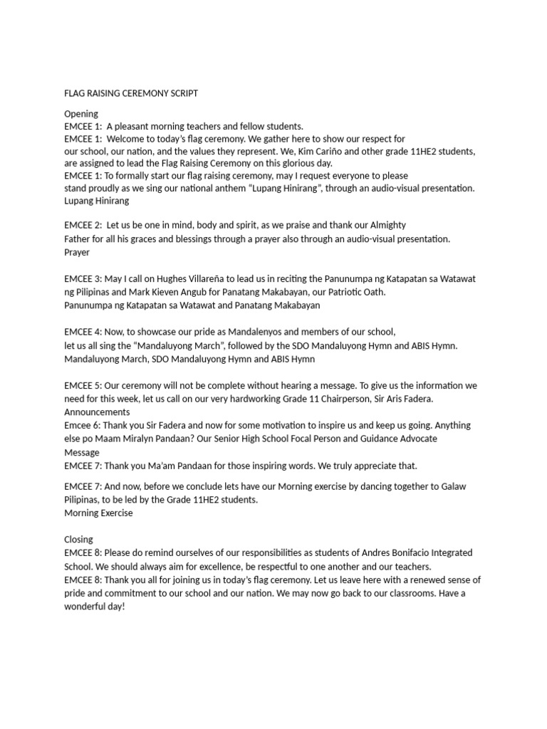 School Flag Raising Ceremony Script | PDF