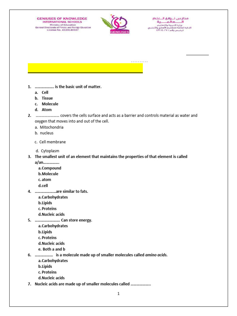 Revision Sheet U 1 L2 | PDF | Cell Membrane | Cell (Biology)