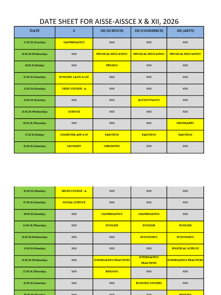 AISSE-AISSCE X & XII Date Sheet 2026 | PDF