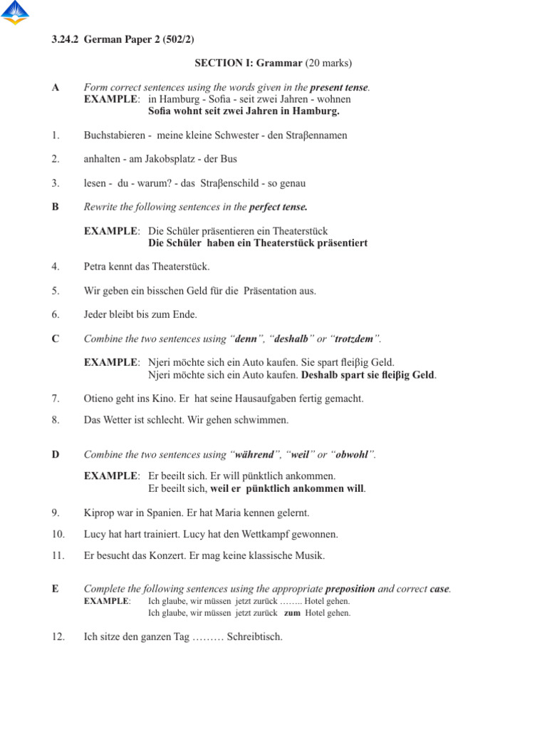 German Paper2 Questions and Answers Kcse 2013 (1) | PDF | Grammar | Linguistics