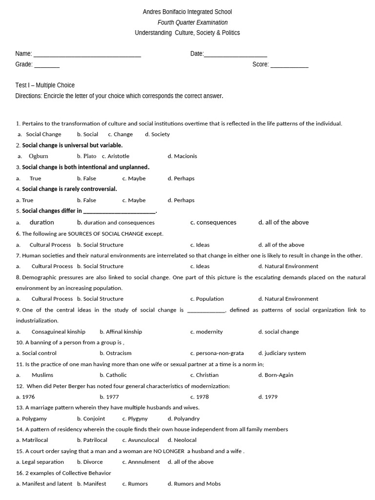 4th Quarter Exam UCSP | PDF | Marriage