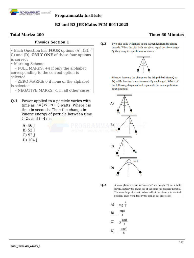 B2 and B3 JEE Mains PCM 09112025 Final | PDF | Chemical Equilibrium | Force