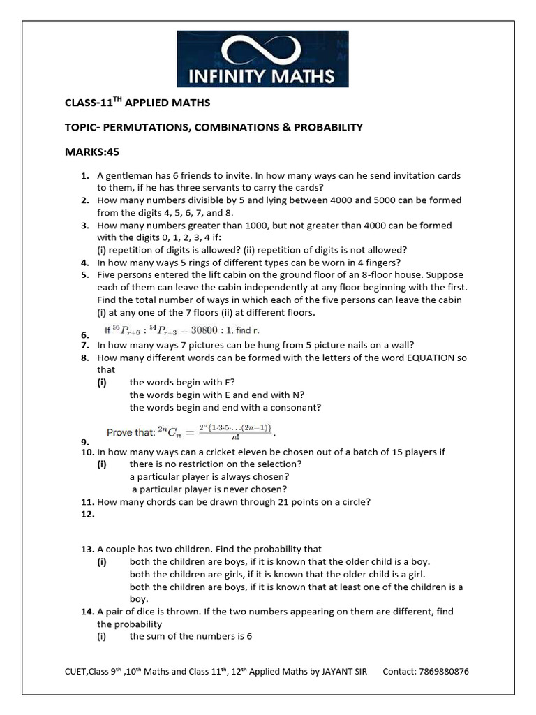 Permutations & Probability for Class 11 | PDF | Chess Theory