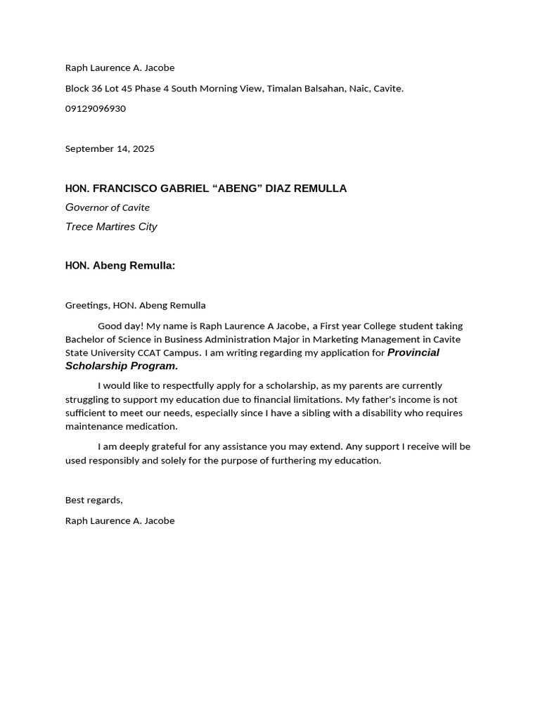 Provincial Scholarship Application Letter | PDF