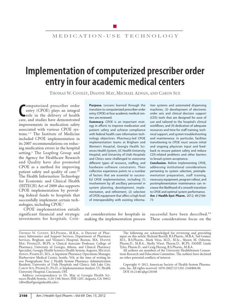 Implementation of Computerized Prescriber Order Entry in 4 Acacdemic ...