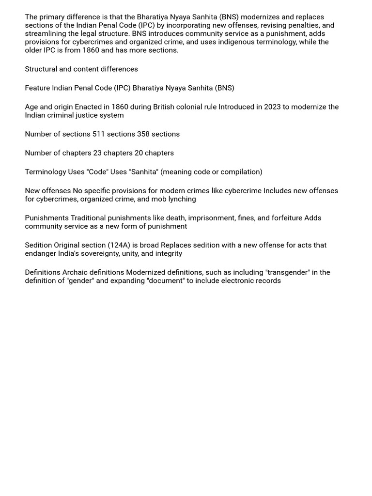 BNS vs IPC: Key Legal Differences | PDF